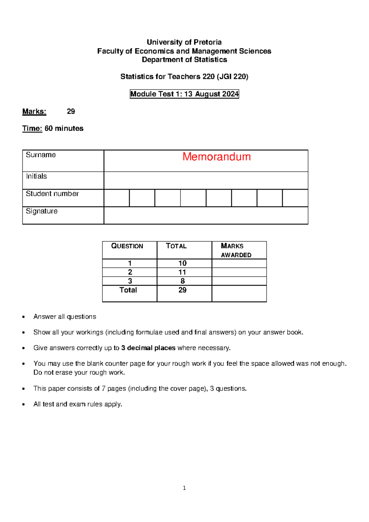 Module Test 1 - Memorandum - 2024 - University of Pretoria Faculty of ...