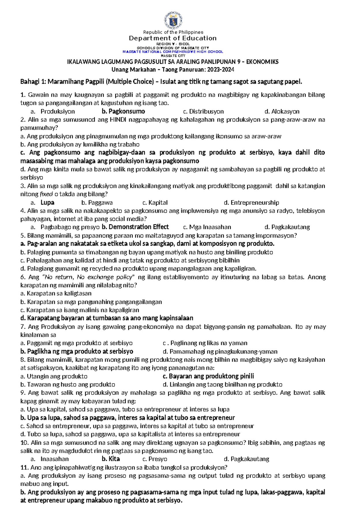 Summative Test - AP 9 - Quarter 1 - SLP 5-8 - WITH Answers - Republic ...