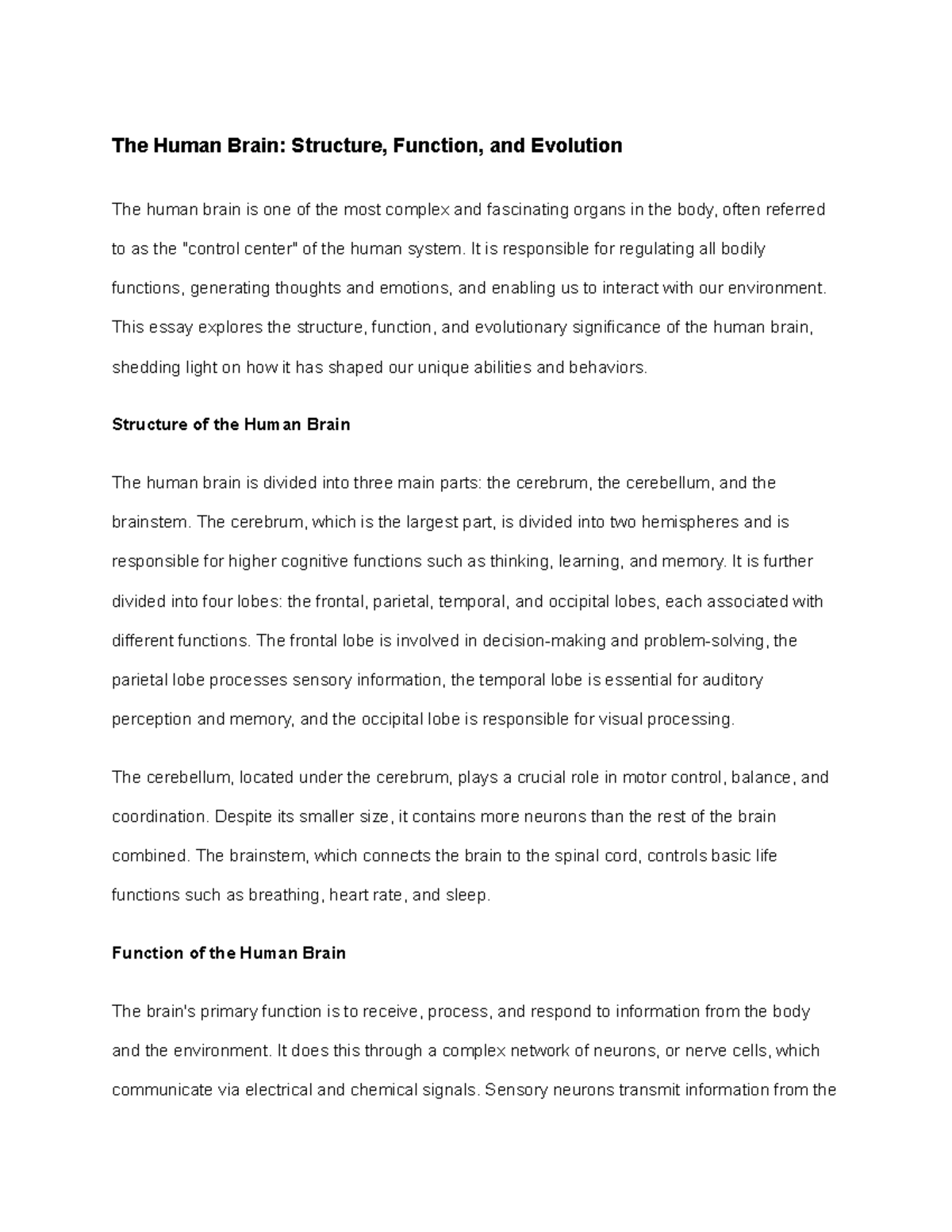 Bio cour 6 - LEC NOTE - The Human Brain: Structure, Function, and ...