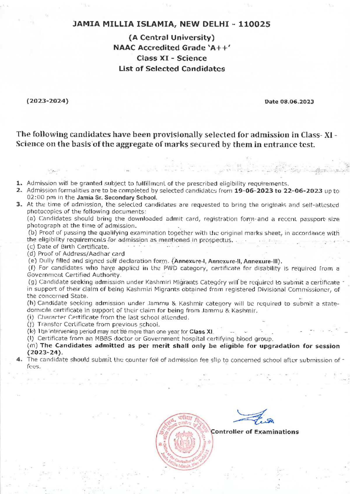 Jamia SR. Secondary School XI Science - JAMIA MILLIA ISLAMIA, NEW DELHI ...