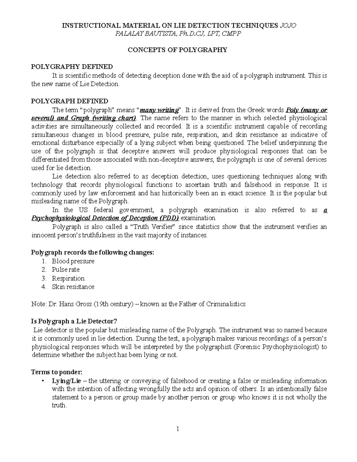 IM-lie-detection - criminology subject - PALALAY BAUTISTA, Ph.D, LPT, CMPP CONCEPTS OF ...