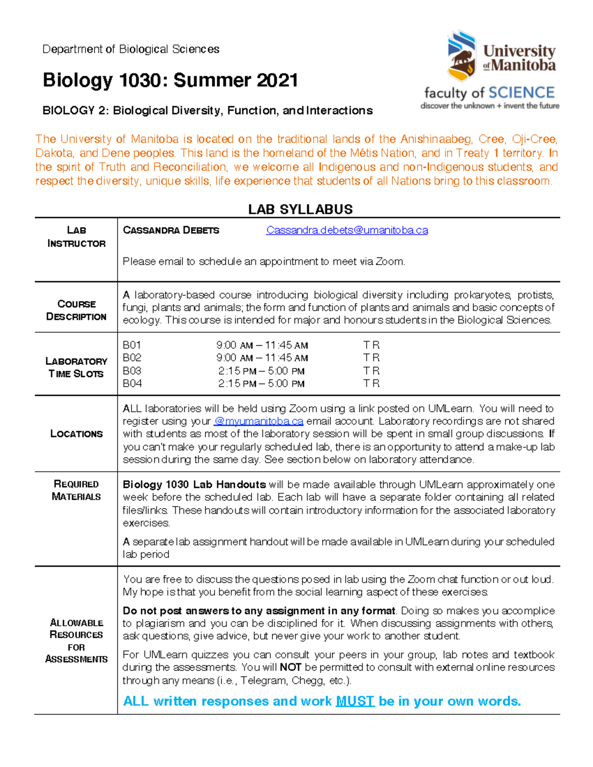 BIOL1030 LAB - Lab Syllabus - Department of Biological Sciences Biology ...
