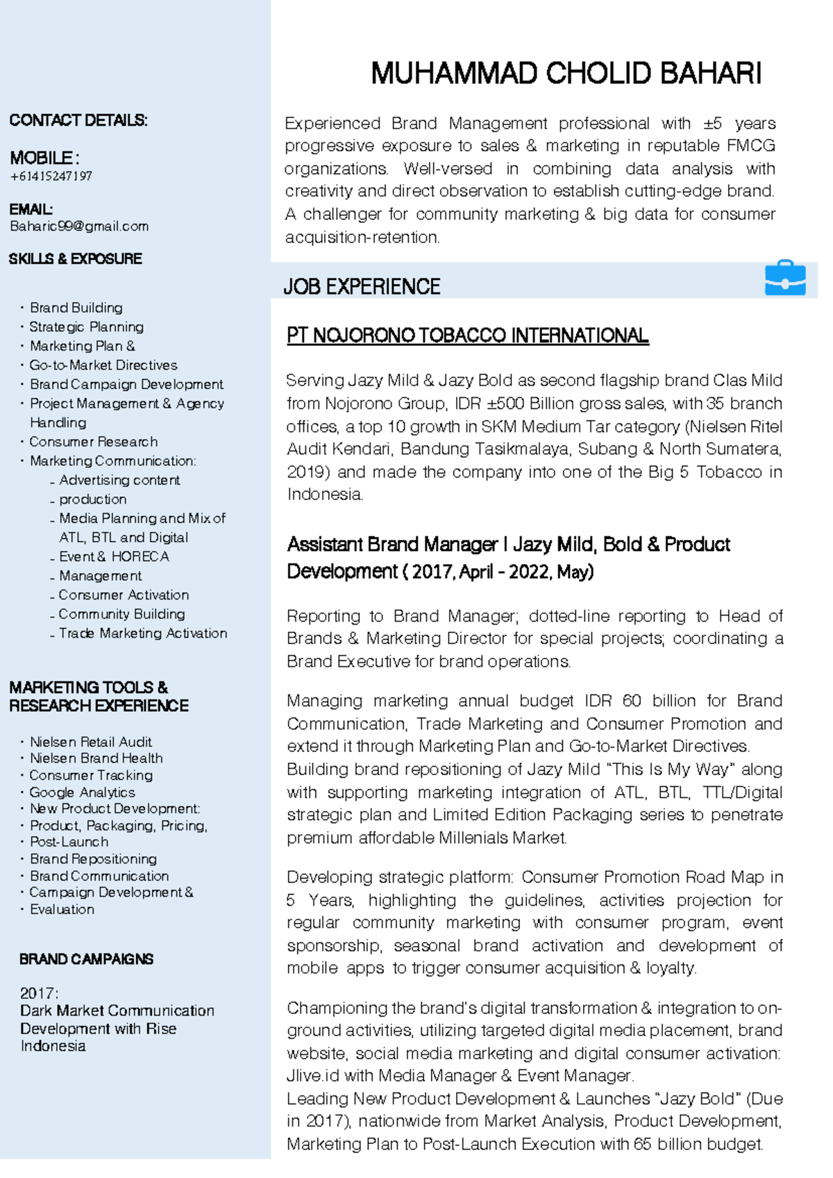 Resume Bahari - MUHAMMAD CHOLID BAHARI Experienced Brand Management ...