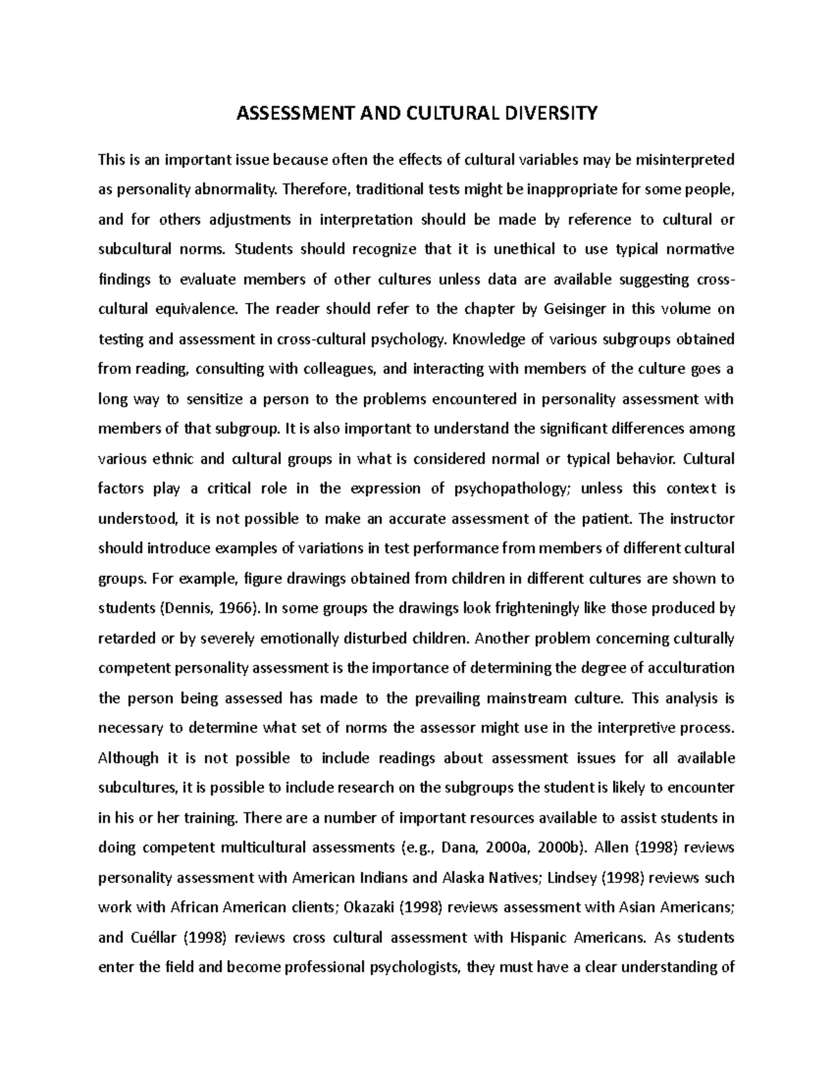Assessment AND Cultural Diversity - ASSESSMENT AND CULTURAL DIVERSITY ...