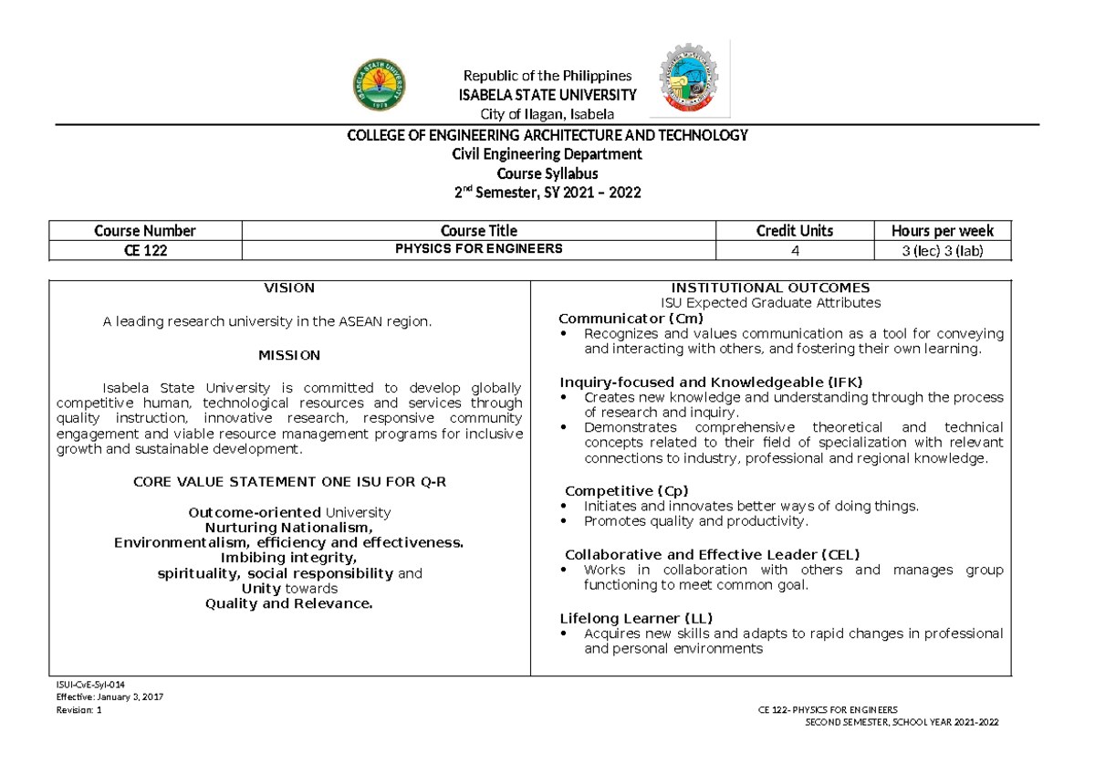 Syllabus FOR Physics FOR Engineers - Republic of the Philippines ...
