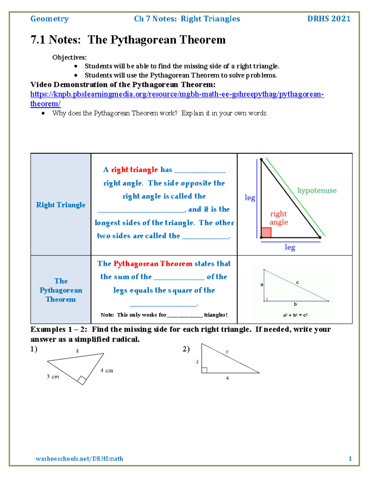 Ch 7 Notes Geo - Nice file for geography - 7 Notes: The Pythagorean ...