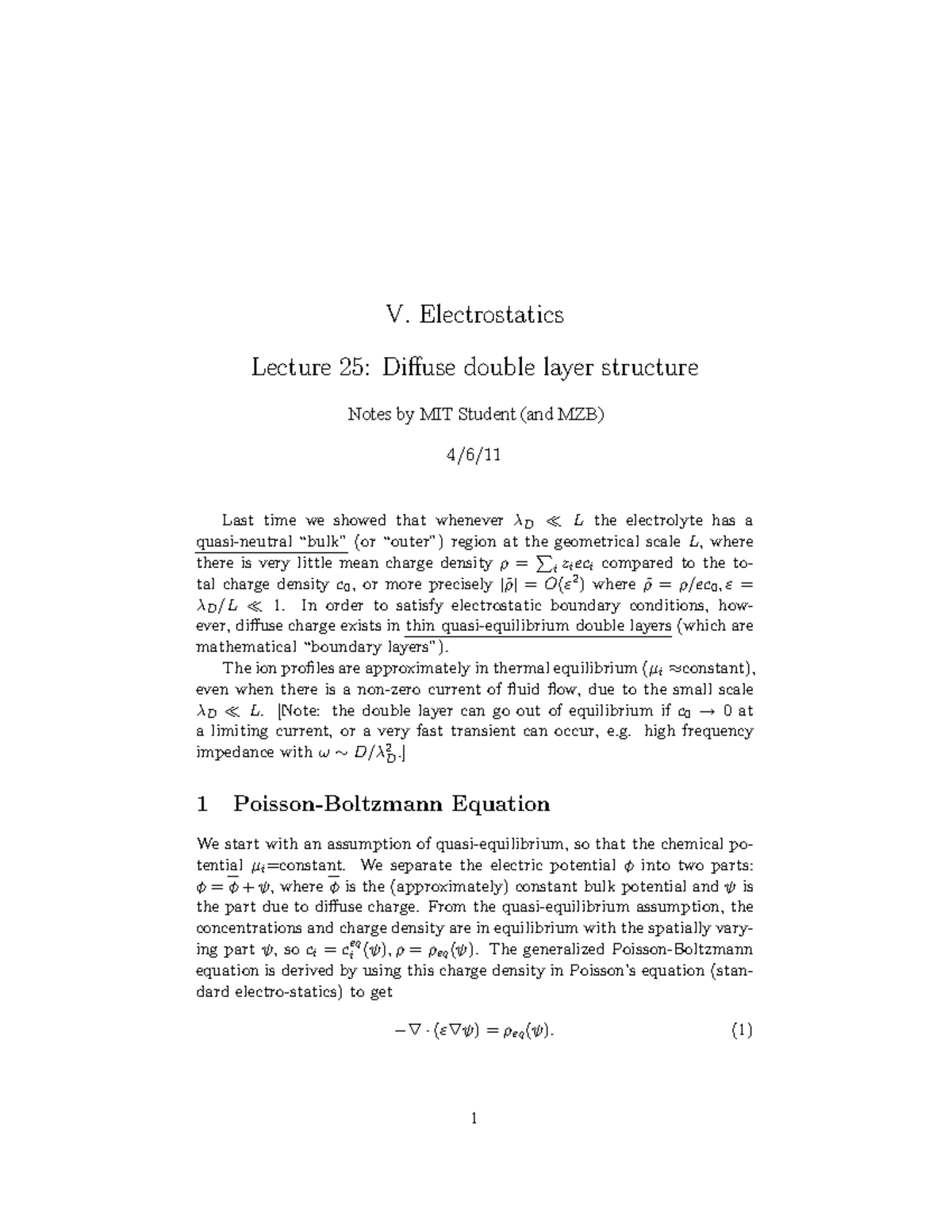 Double Layer Structure V Electrostatics Lecture 25 Diffuse Double Layer Structure Notes By
