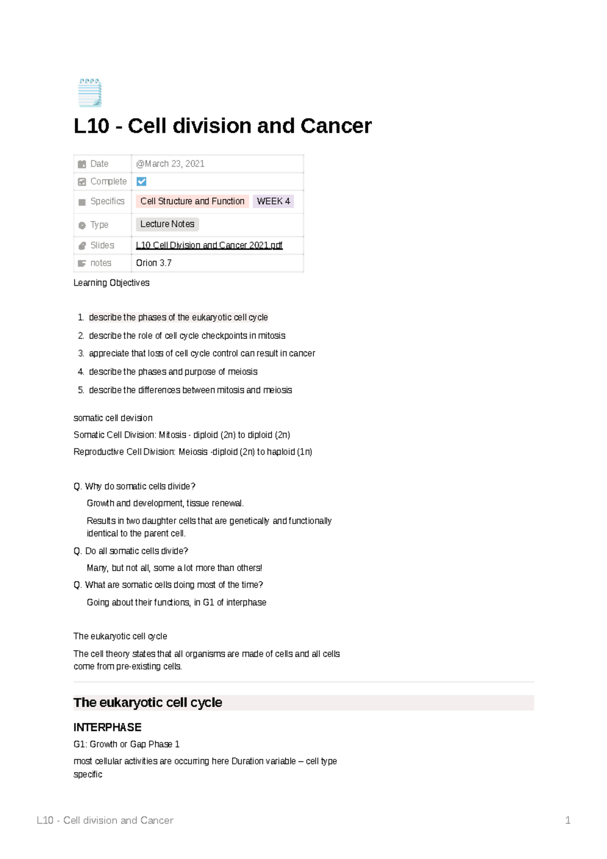 L10 - Cell division and Cancer - 🗒 L10 - Cell division and Cancer Date ...