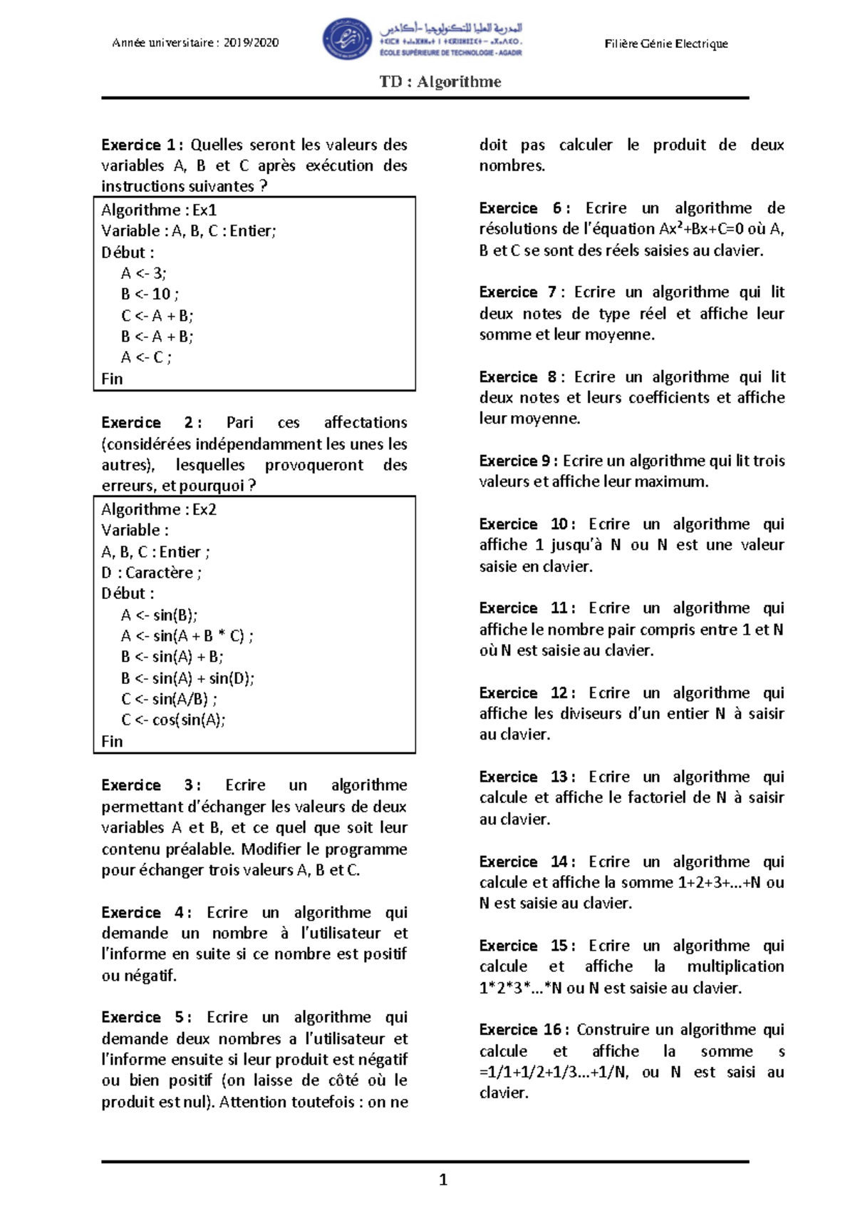 TD1 Algorithm GE - TD : Algorithme 1 Année universitaire : 2019/2020 ...