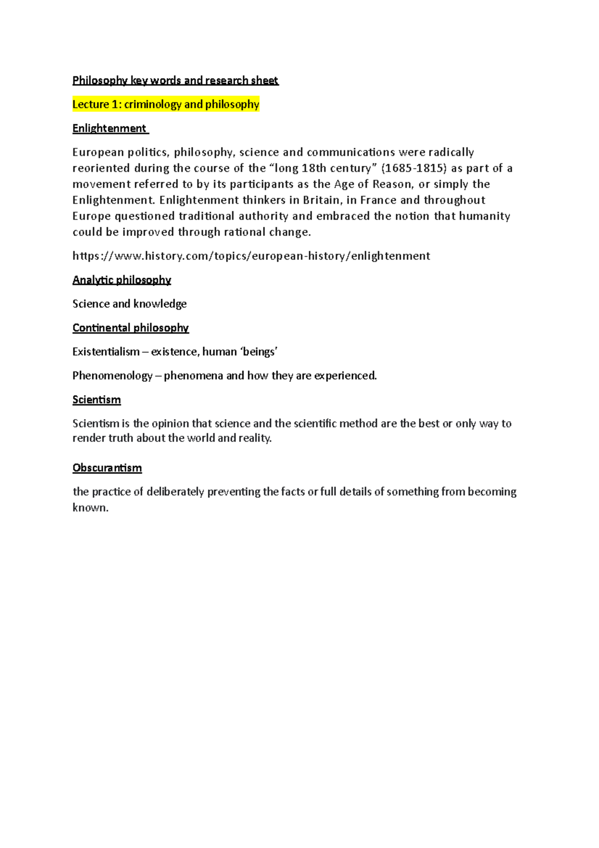 Philosophy key words and research sheet - Enlightenment thinkers in ...