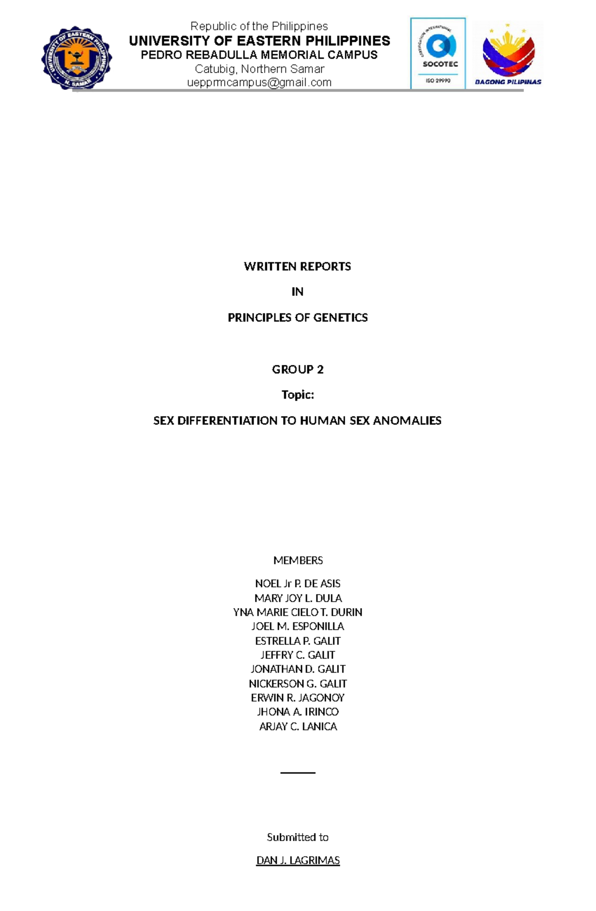 Written Reports IN Principles OF Genetics - WRITTEN REPORTS IN ...