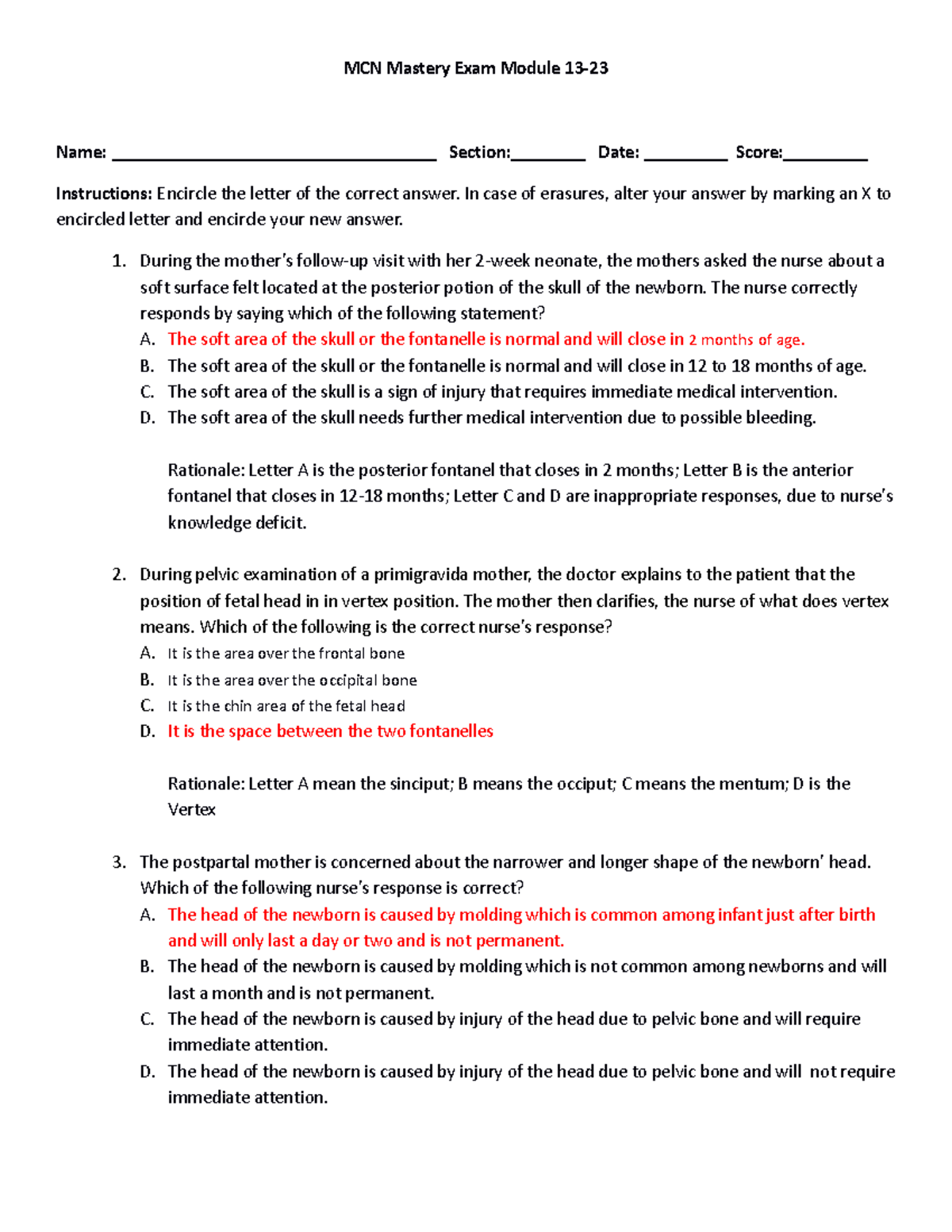 MCN Mastery Exam Module 13 23 A - MCN Mastery Exam Module 13- Name ...