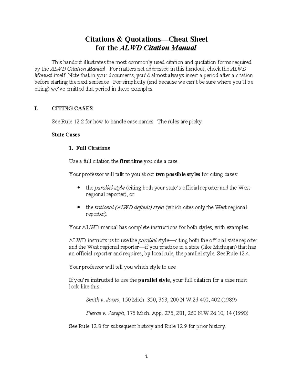 ALWD Citation Cheat Sheet - Citations & Quotations—Cheat Sheet for the ...