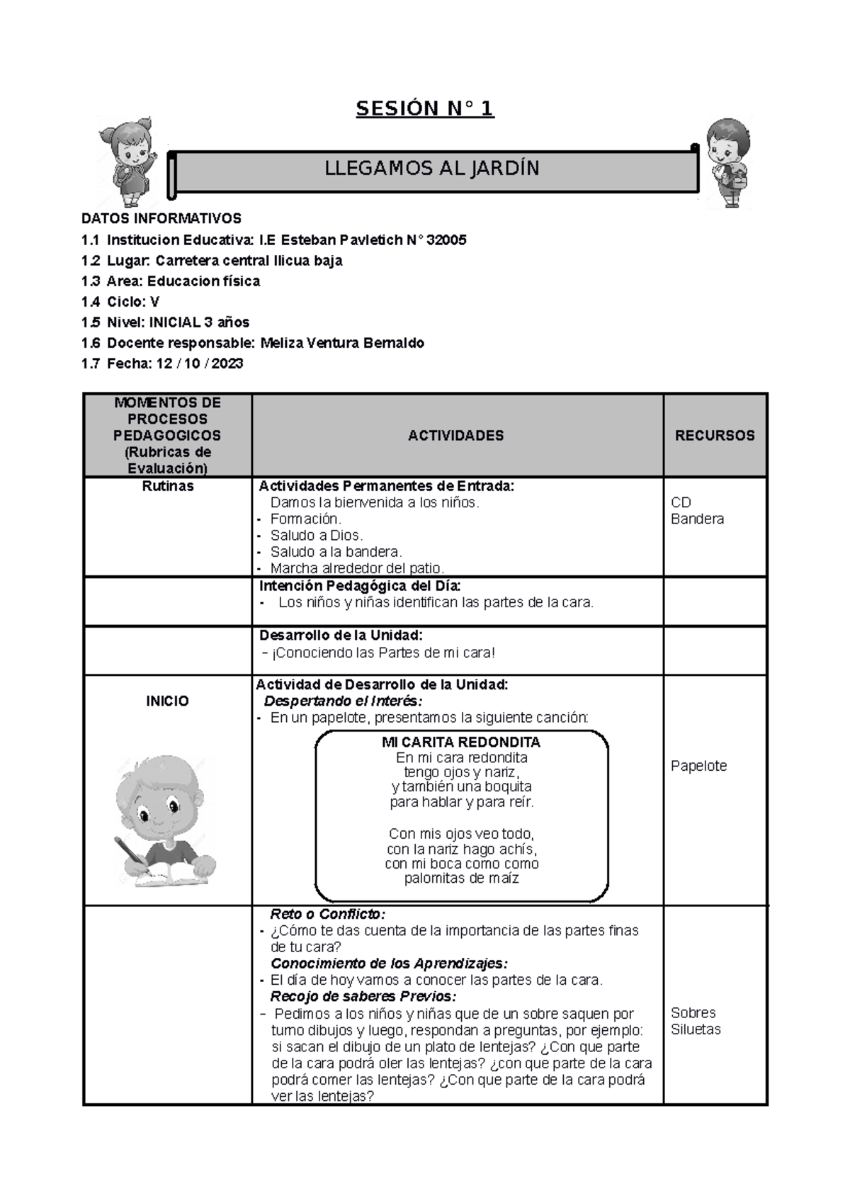 Sesion de inicial - SESIÓN N° 1 DATOS INFORMATIVOS 1 Institucion ...
