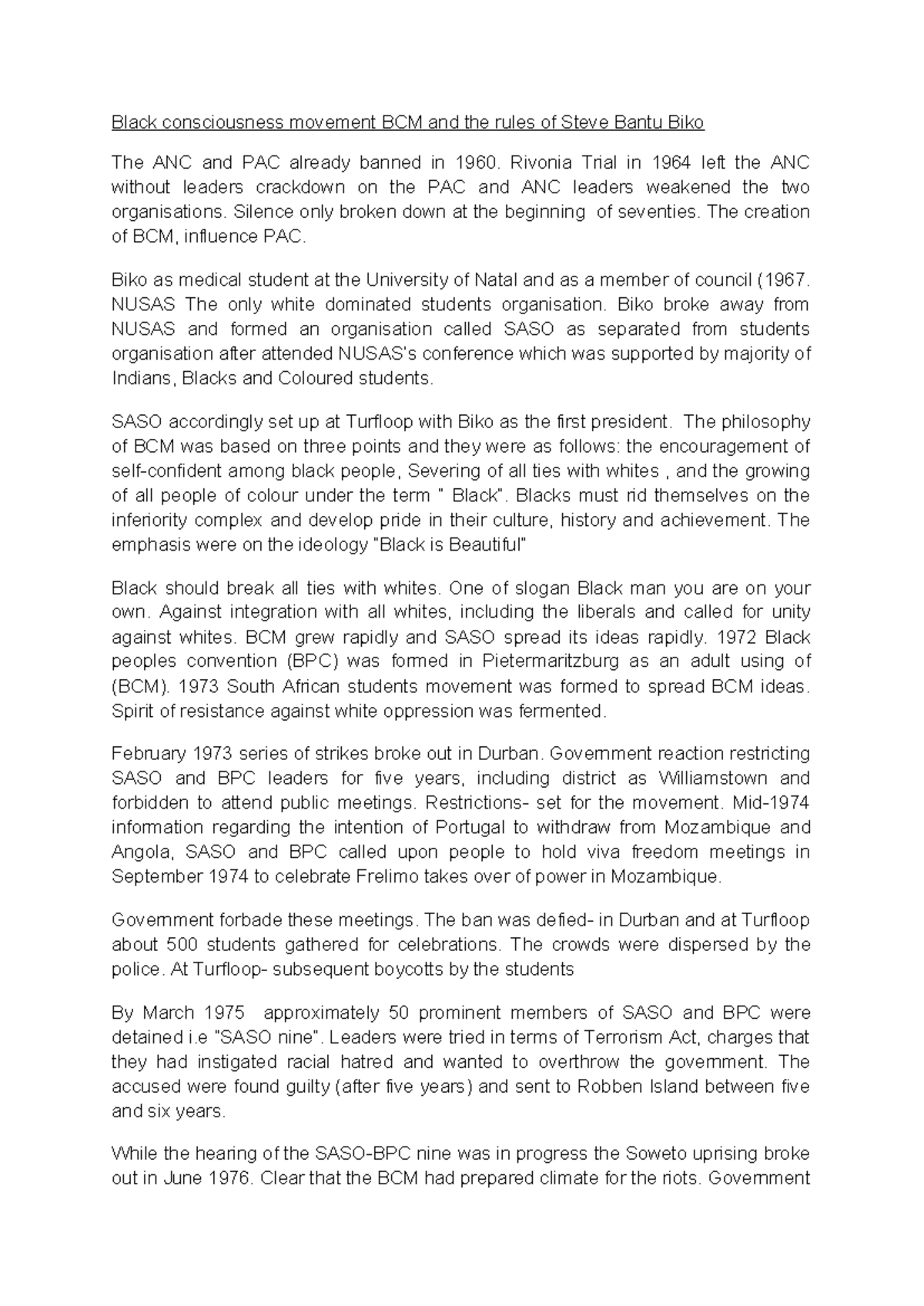 Black consciousness movement BCM and the rules of Steve Bantu Biko ...