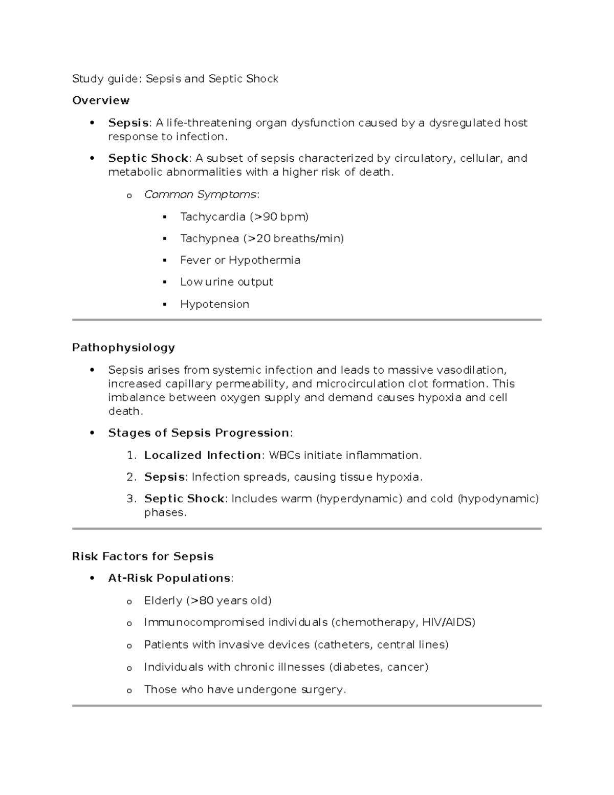 Study guide Sepsis and Septic Shock - Study guide: Sepsis and Septic Shock Overview Sepsis: A ...