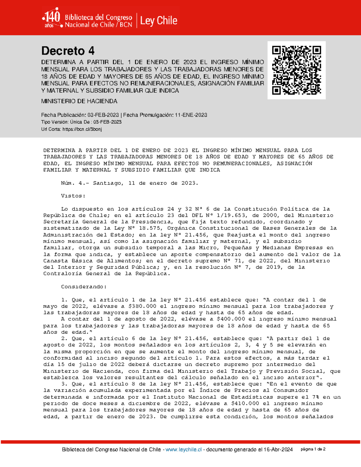 Decreto-4 03-FEB-2023 - Decreto 4, HACIENDA (2023) Biblioteca del Congreso Nacional de Chile ...