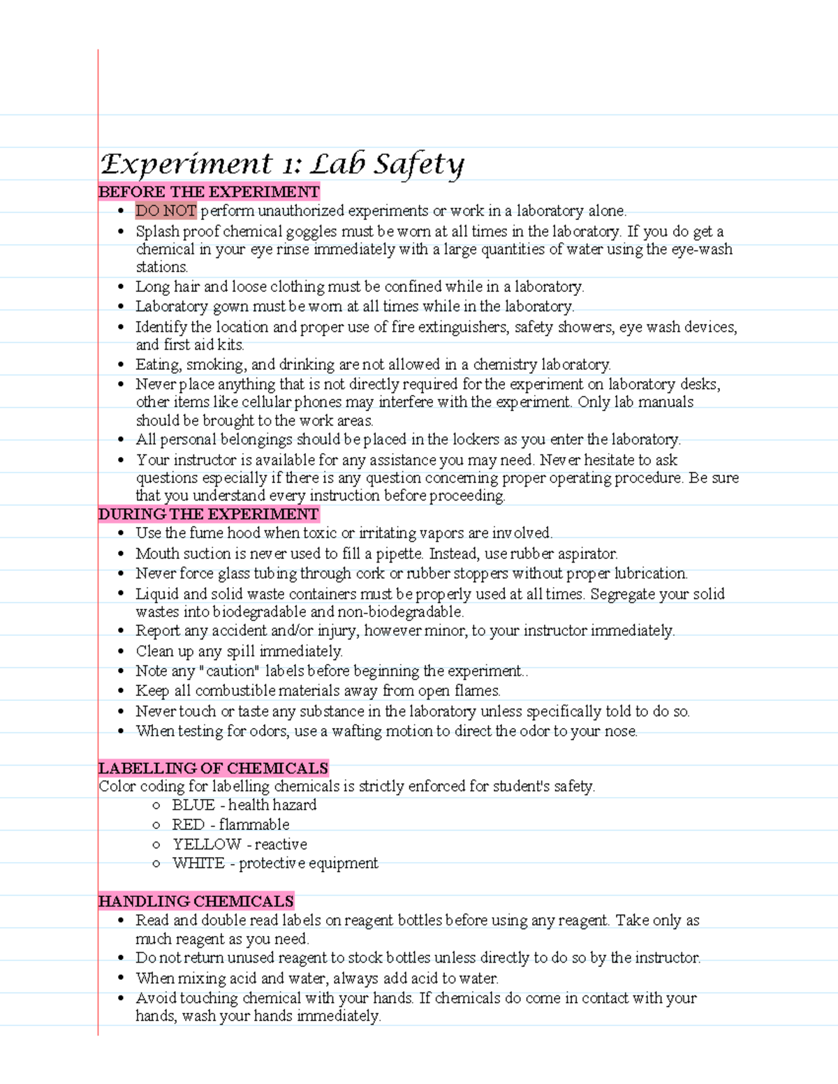 Chem Engr. for Lab - for 1st year - Experiment 1: Lab Safety BEFORE THE ...