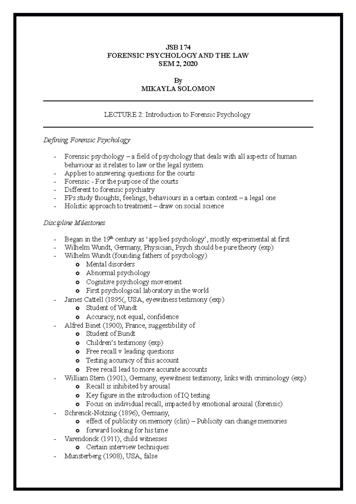 JSB174 Forensic Psychology and the Law Lecture Notes - JSB 174 FORENSIC ...