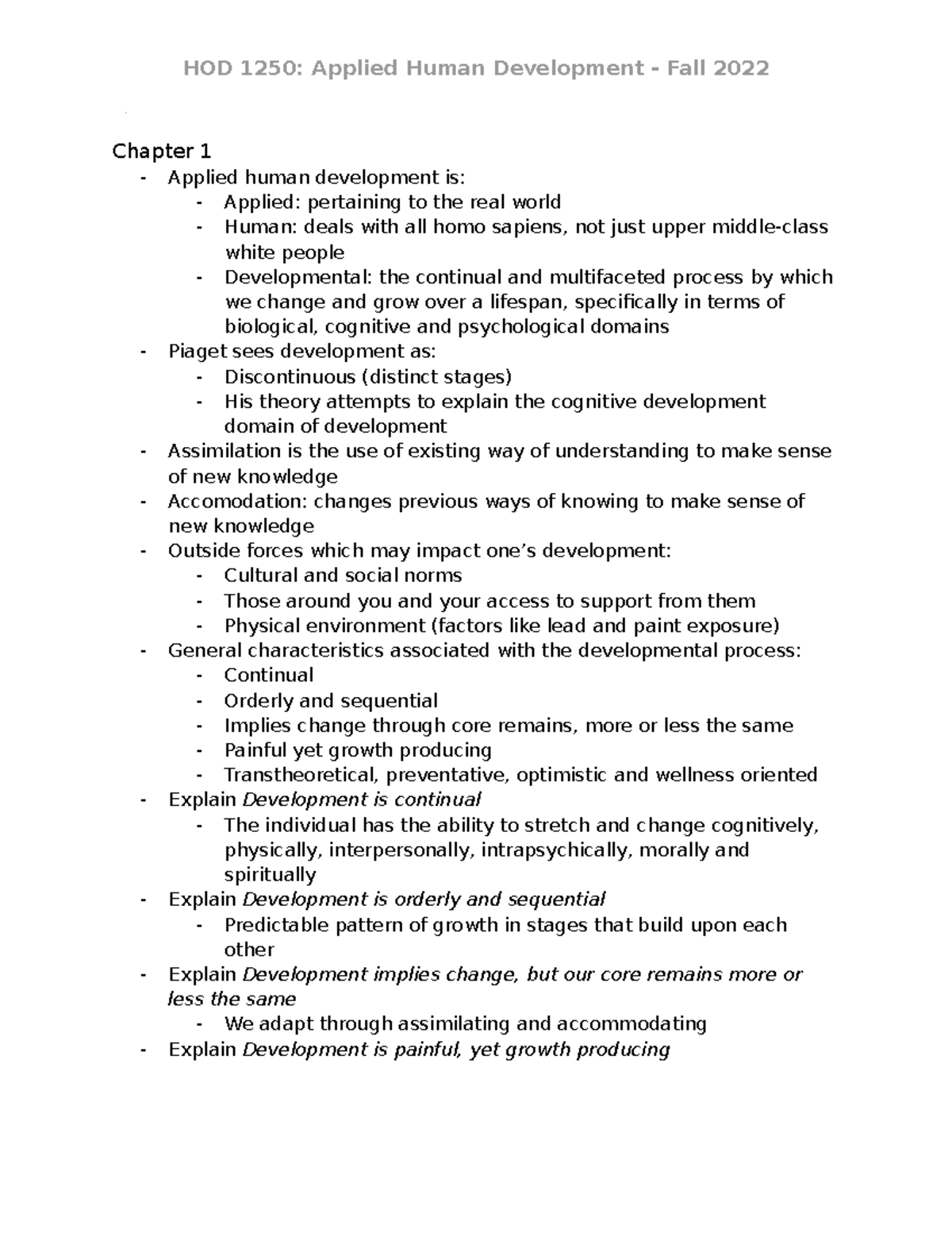 semester long key terms - Chapter 1 Applied human development is ...