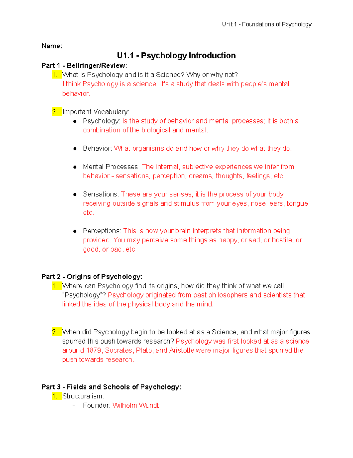 1.1 - Psychology Introduction - Guided Notes - Name: U1 - Psychology ...
