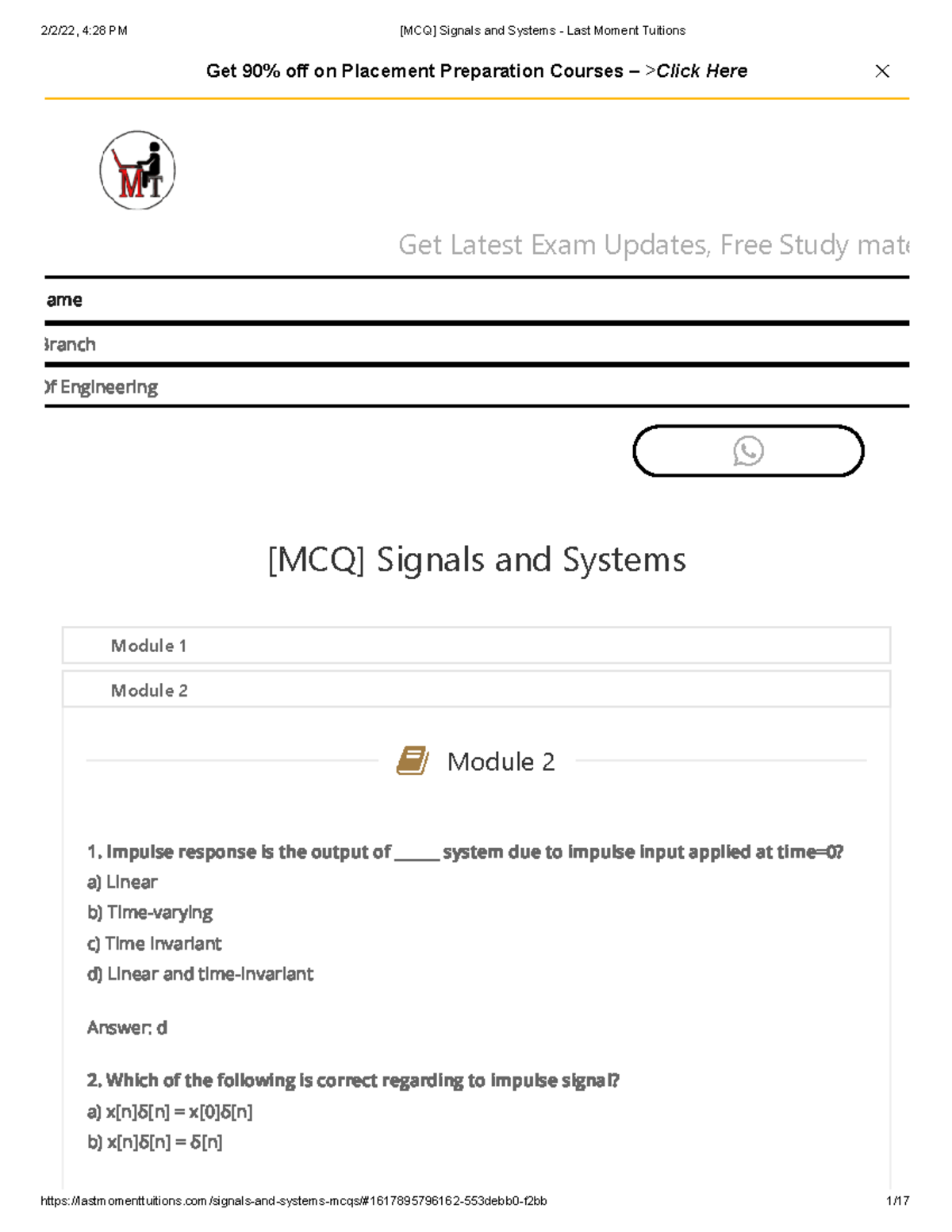 [MCQ] Signals and Systems - 2 - Get Latest Exam Updates, Free Study ...