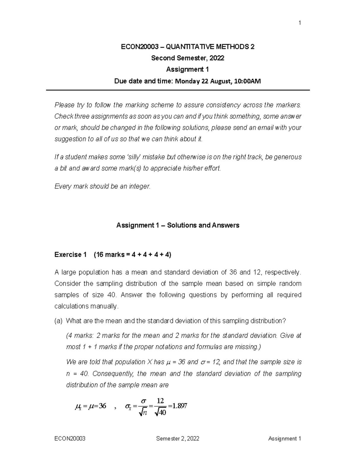 Assignment 1 Answers And Marking Guide Econ20003 ñ Quantitative Methods 2 Second Semester