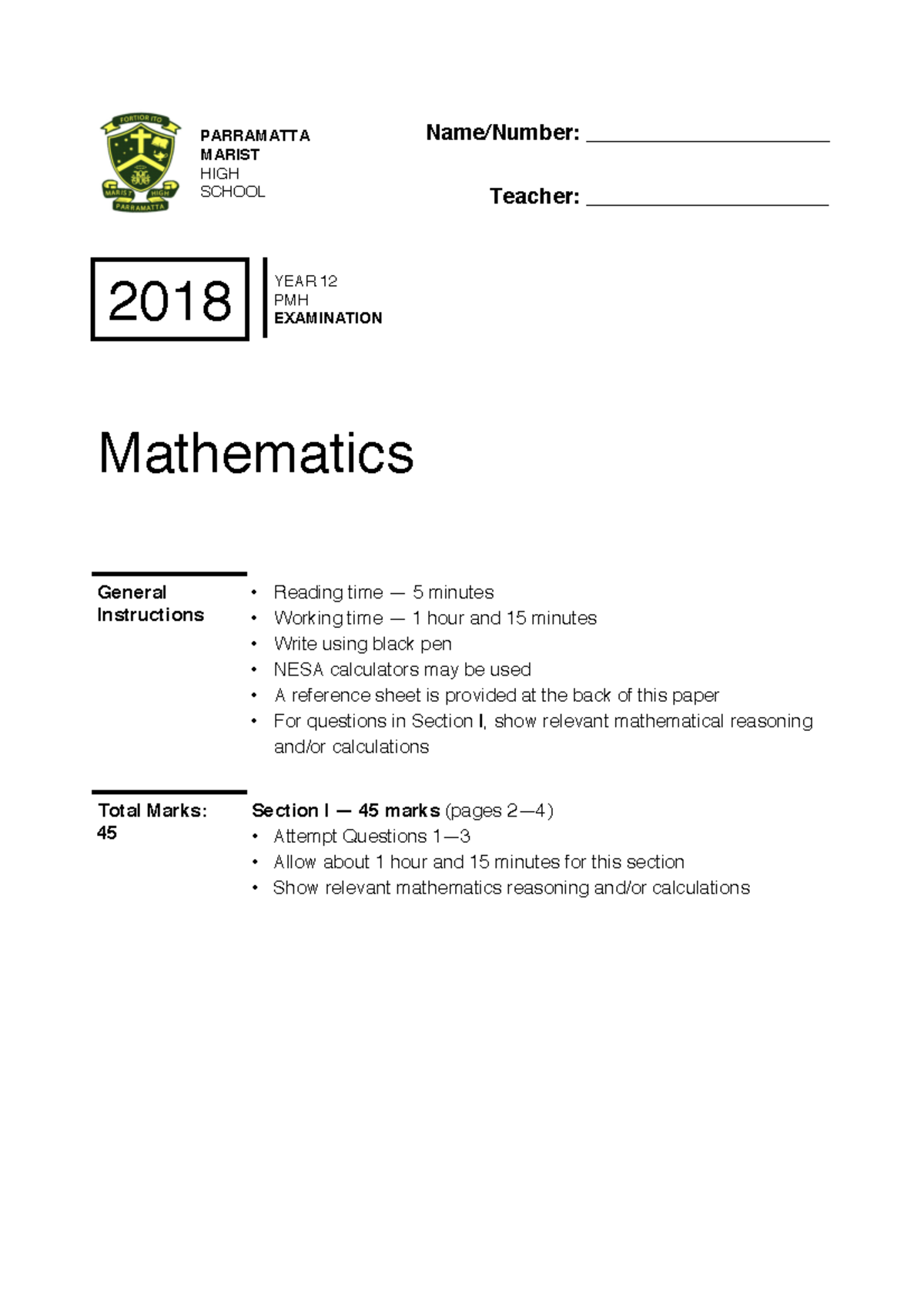 2018 PMH Mathematics Assessment 1 - PARRAMATTA MARIST HIGH SCHOOL Name ...