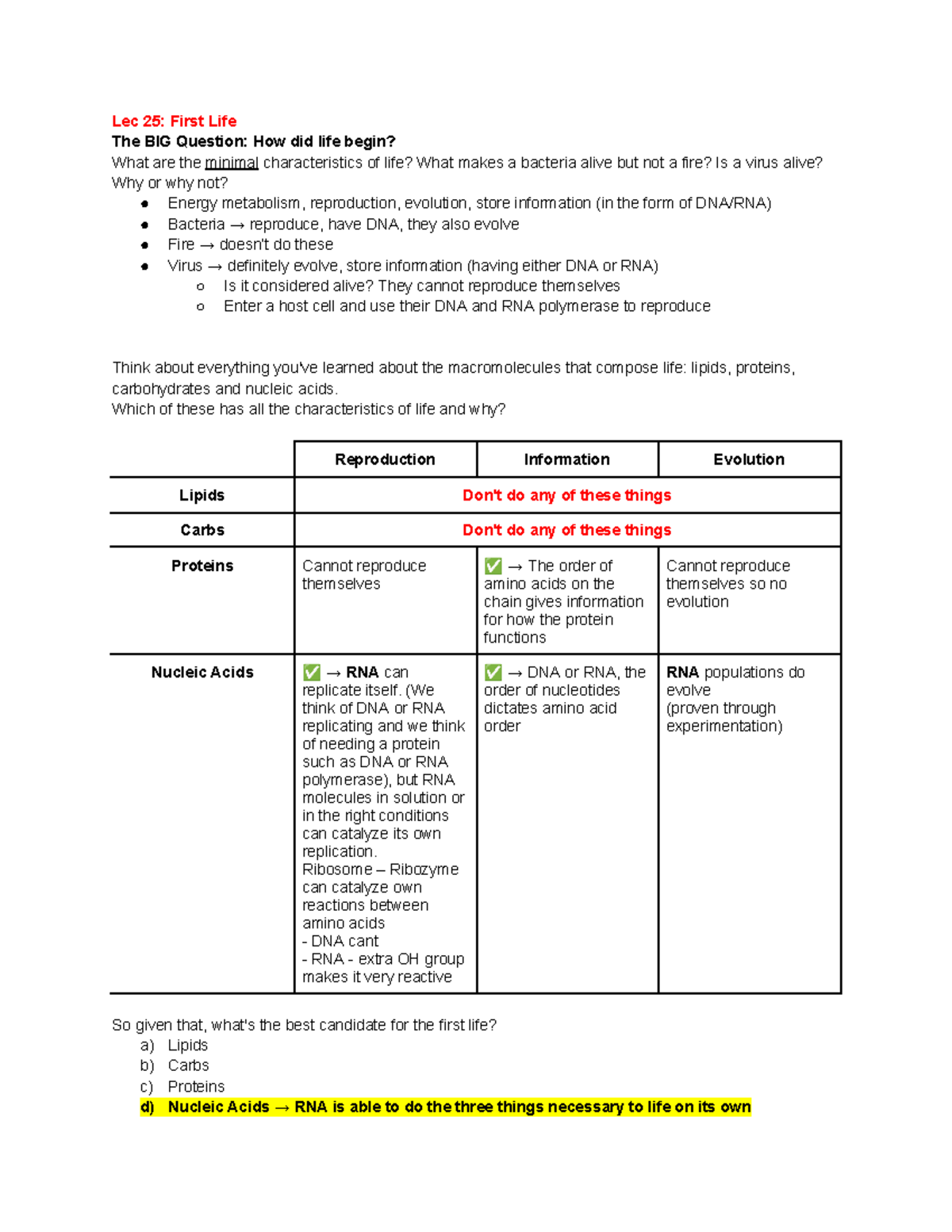 Lec 25 First Life - Lec 25: First Life The BIG Question: How did life begin? What are the ...