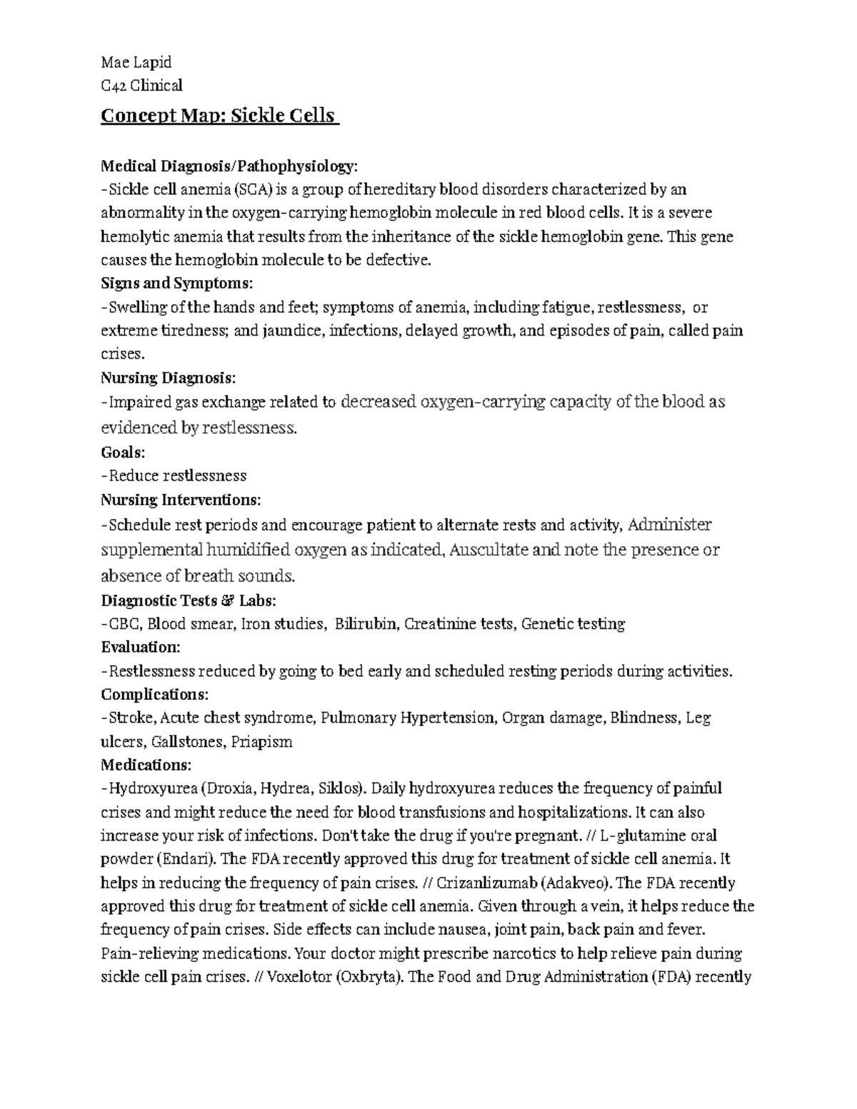 Concept Map Sickle Cells - Mae Lapid C42 Clinical Concept Map: Sickle ...