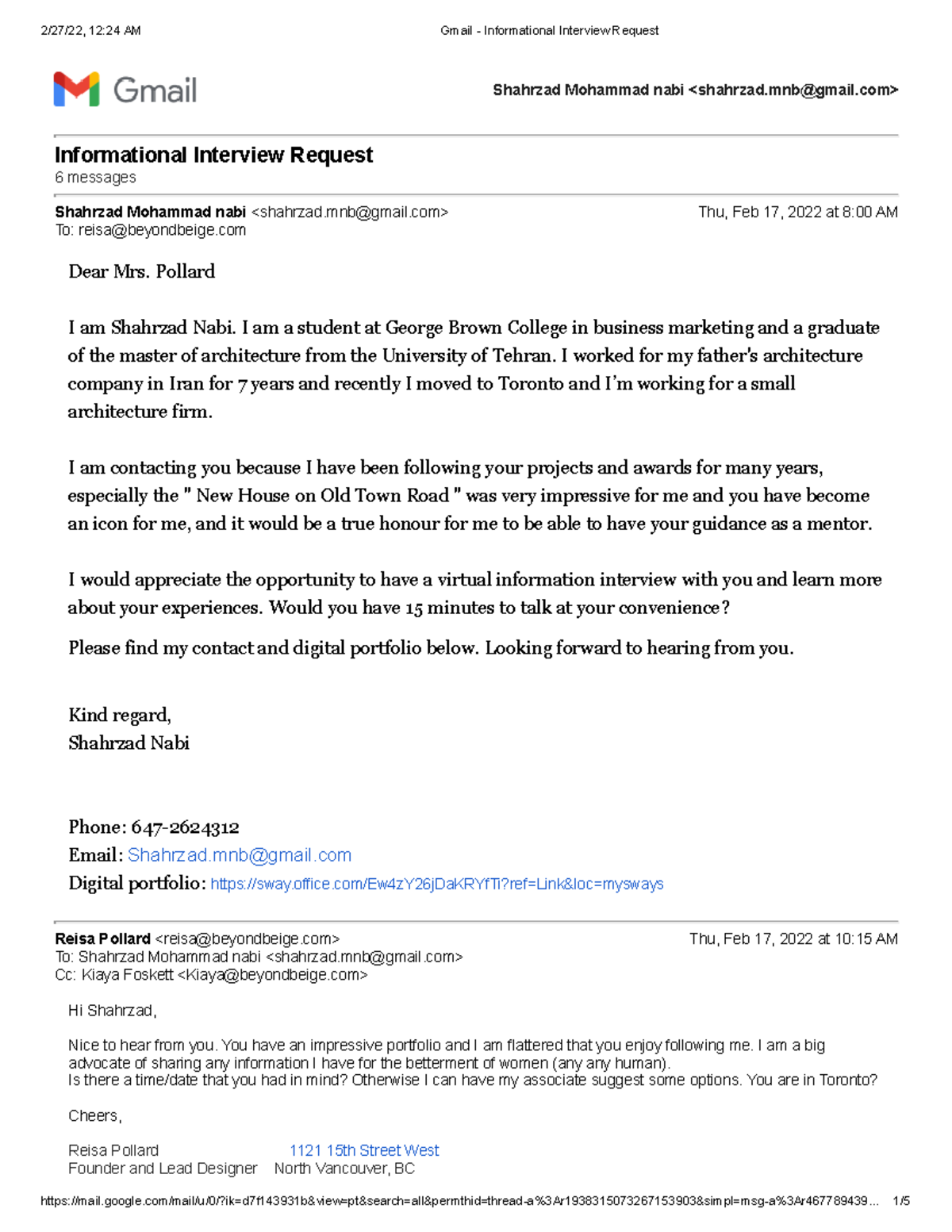 Information Interview Request - Shahrzad Mohammad nabi shahrzad@gmail ...