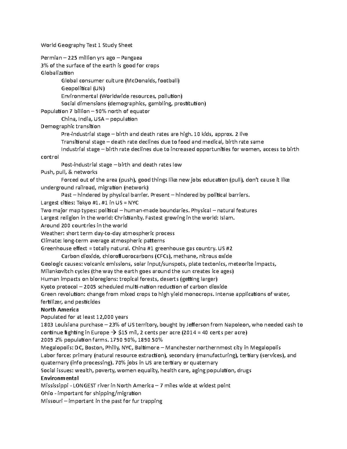 World Geography Test 1 Study Sheet - 10 kids, approx. 2 live ...