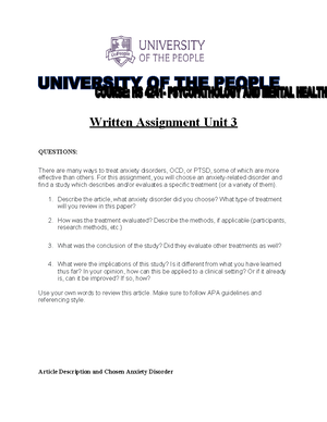 Written Assignment UNIT 7 - WRITTEN ASSIGNMENT UNIT 7 COURSE: PSYCHOPATHOLOGY AND MENTAL HEALTH ...