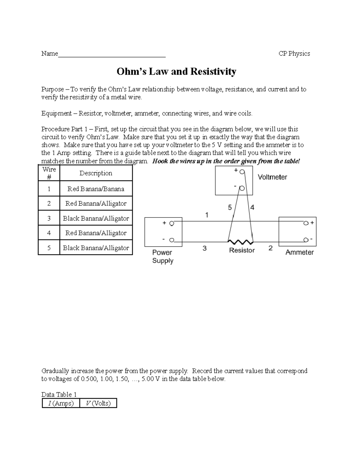 Ohm's Law and Resistivity (Current) - Name ...