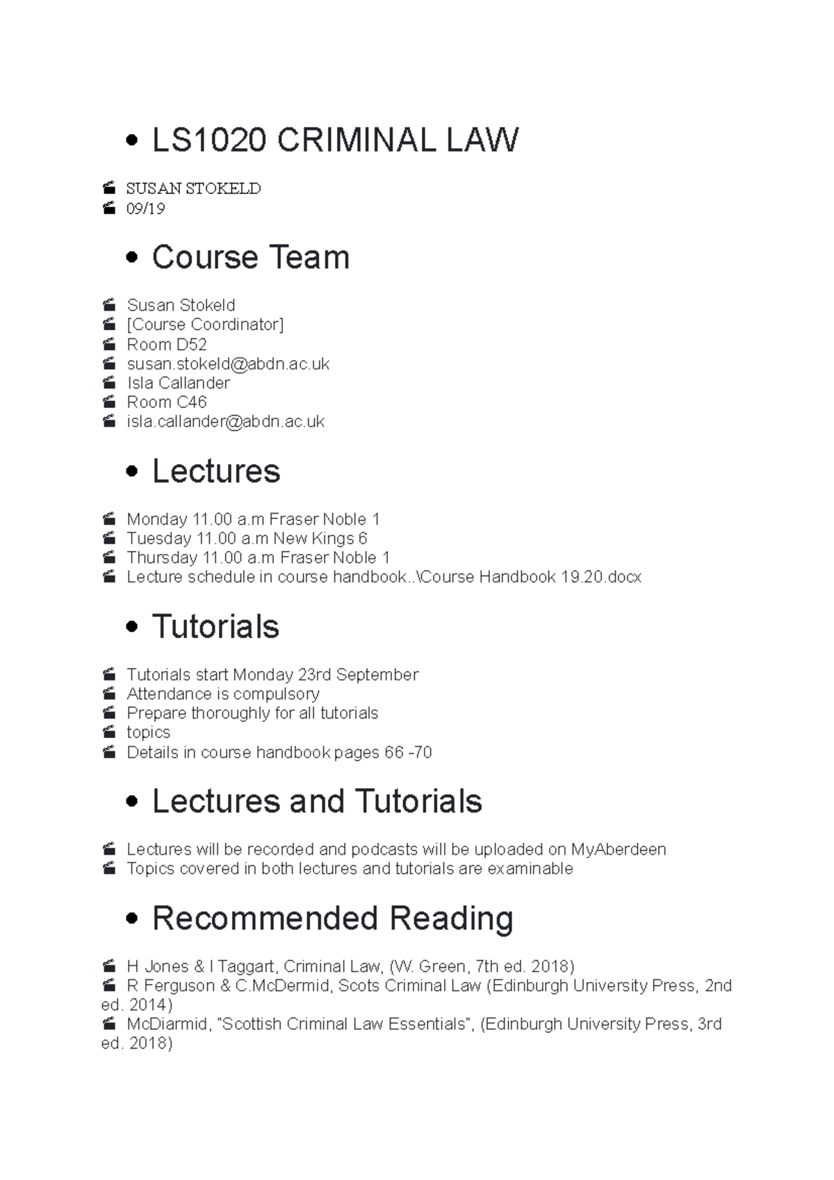 Criminal law introduction - LS1020 CRIMINAL LAW SUSAN STOKELD 09/ Course Team Susan - Studocu
