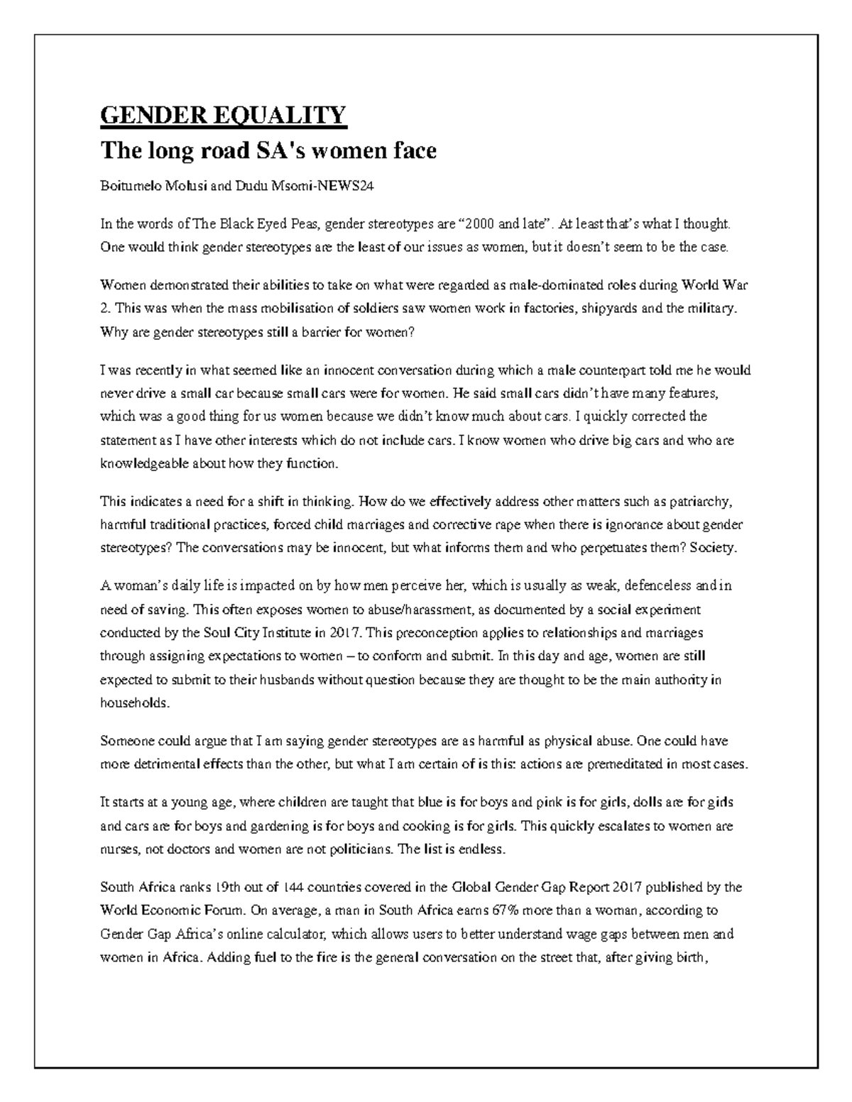 Gender Equality - Lecture notes 1,2 - GENDER EQUALITY The long road SA ...