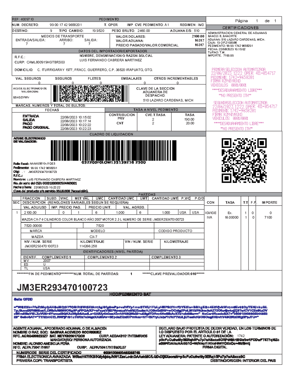 EJEMPLO DE UN PEDIMENTO - PEDIMENTO NUM. DECRETO: 99 00 17 42 9658201 T ...