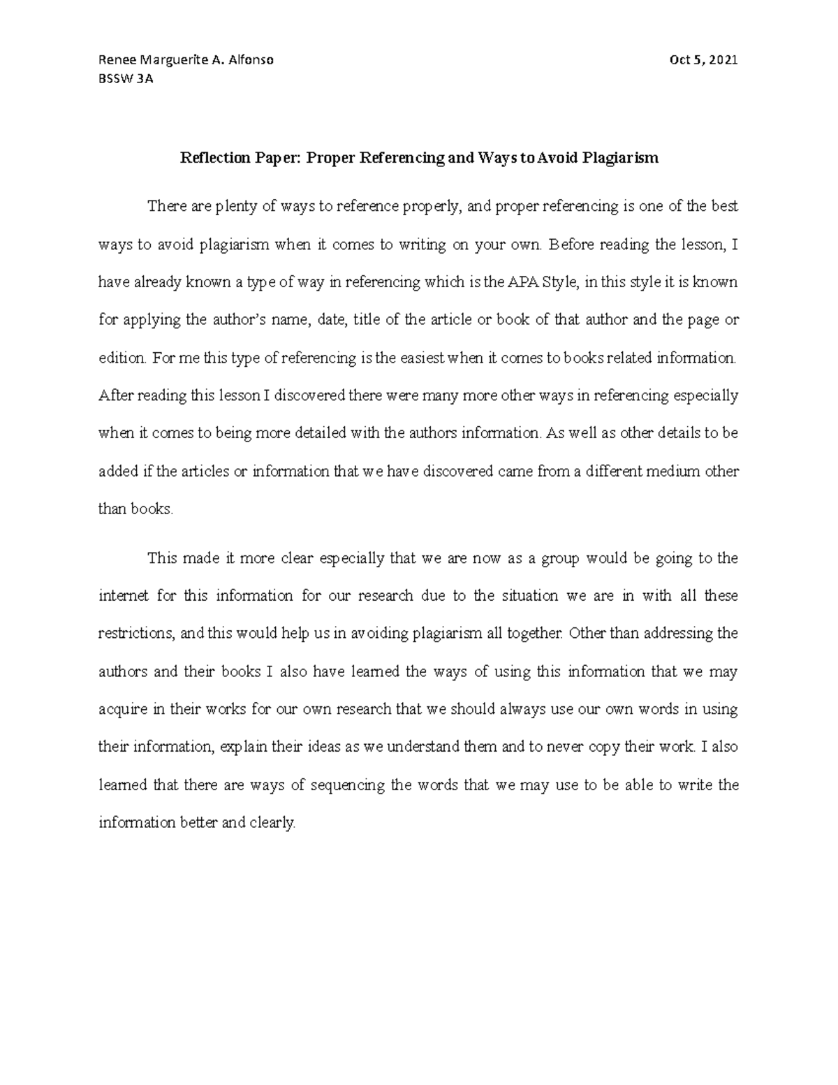 Reflection Paper in ways to avoid plagiaism - Renee Marguerite A ...