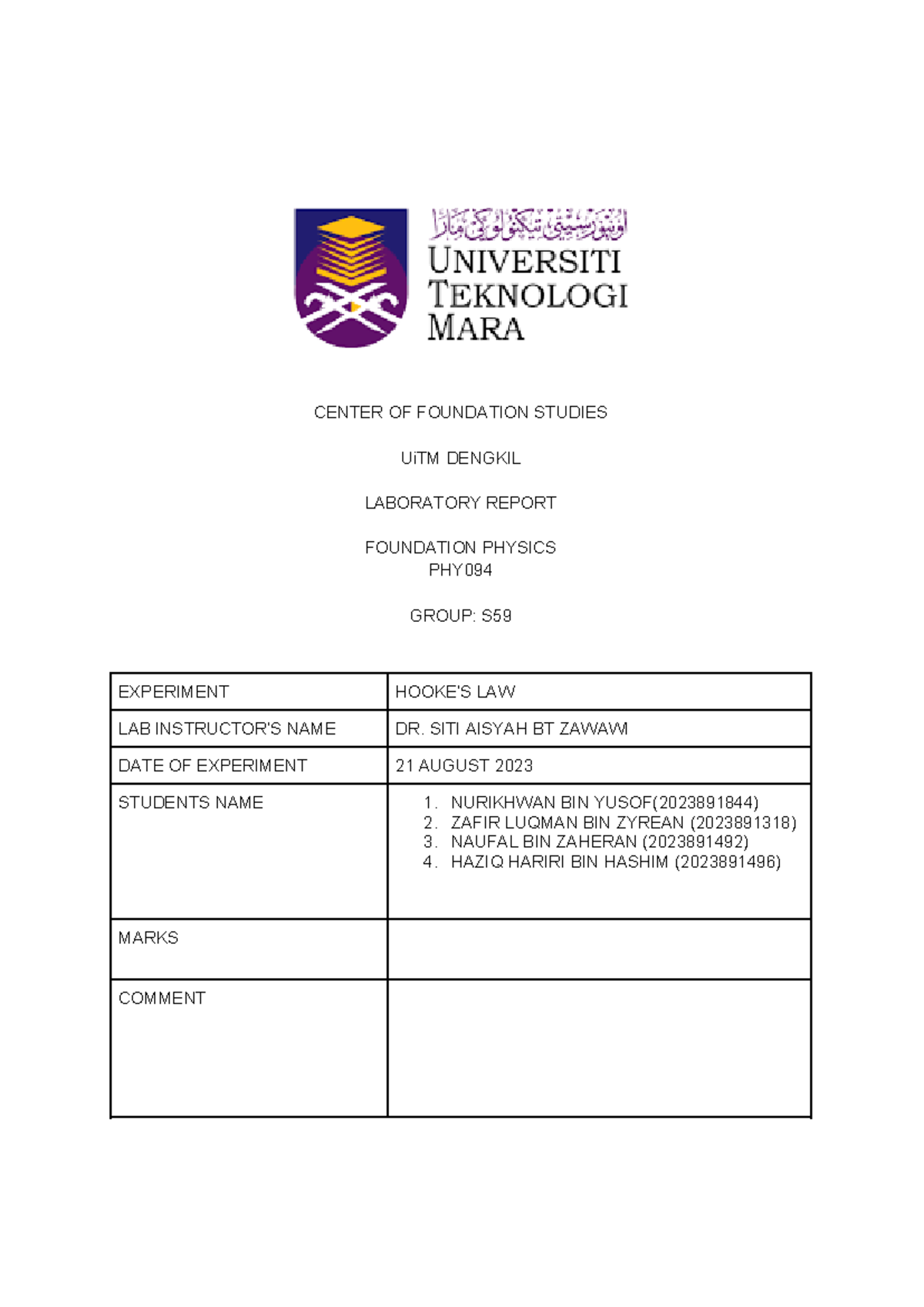 Physics Exp 2 Lab report S59 - CENTER OF FOUNDATION STUDIES UiTM DENGKIL LABORATORY REPORT - Studocu