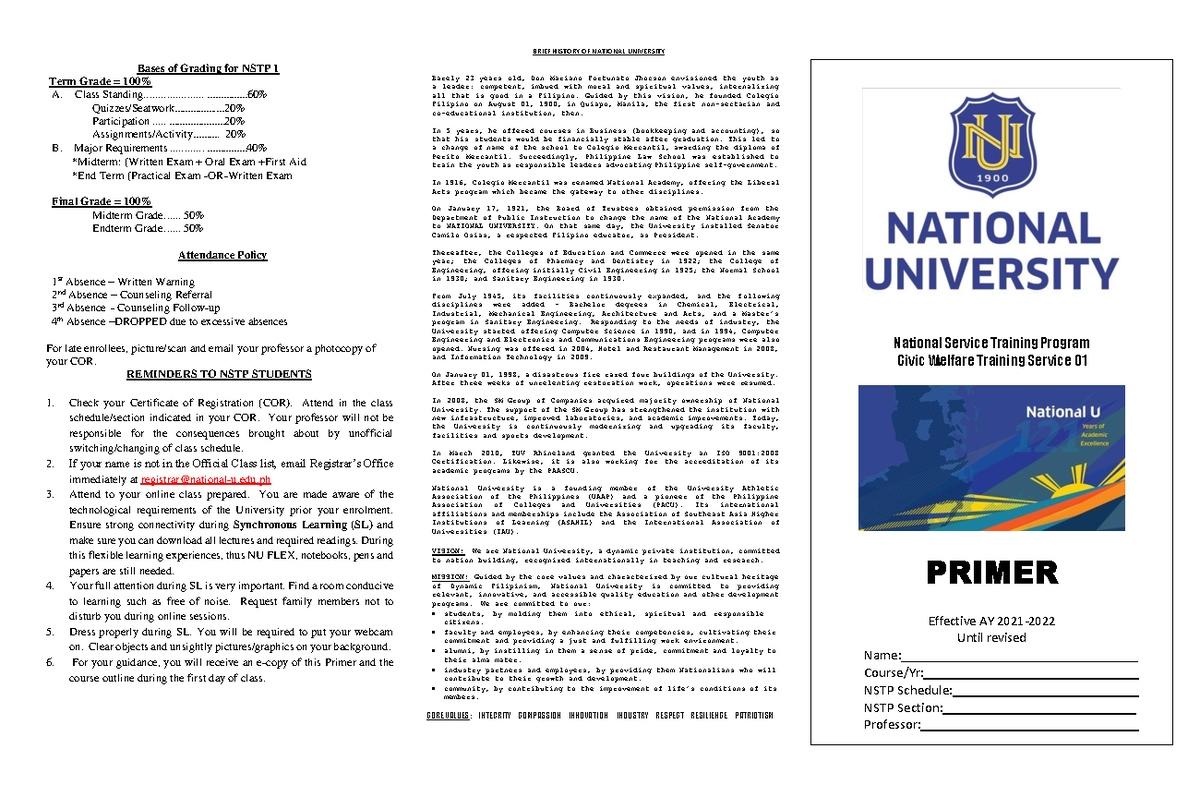 NSTP1 Primer A.Y.2023-2024 - Bases of Grading for NSTP 1 Term Grade ...