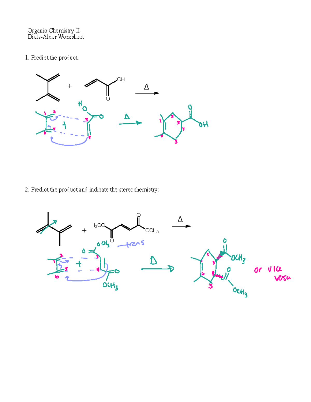 Orgo 2 Diels Alder Worksheet - Organic Chemistry II Diels-Alder ...