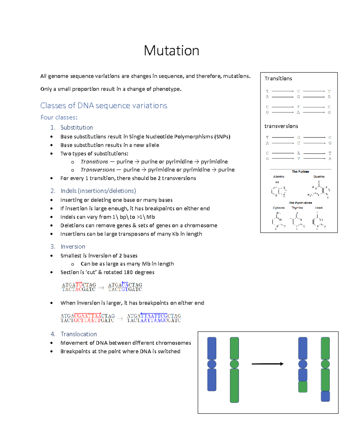 Week 4 genetics - notes - Mutation All genome sequence variations are ...