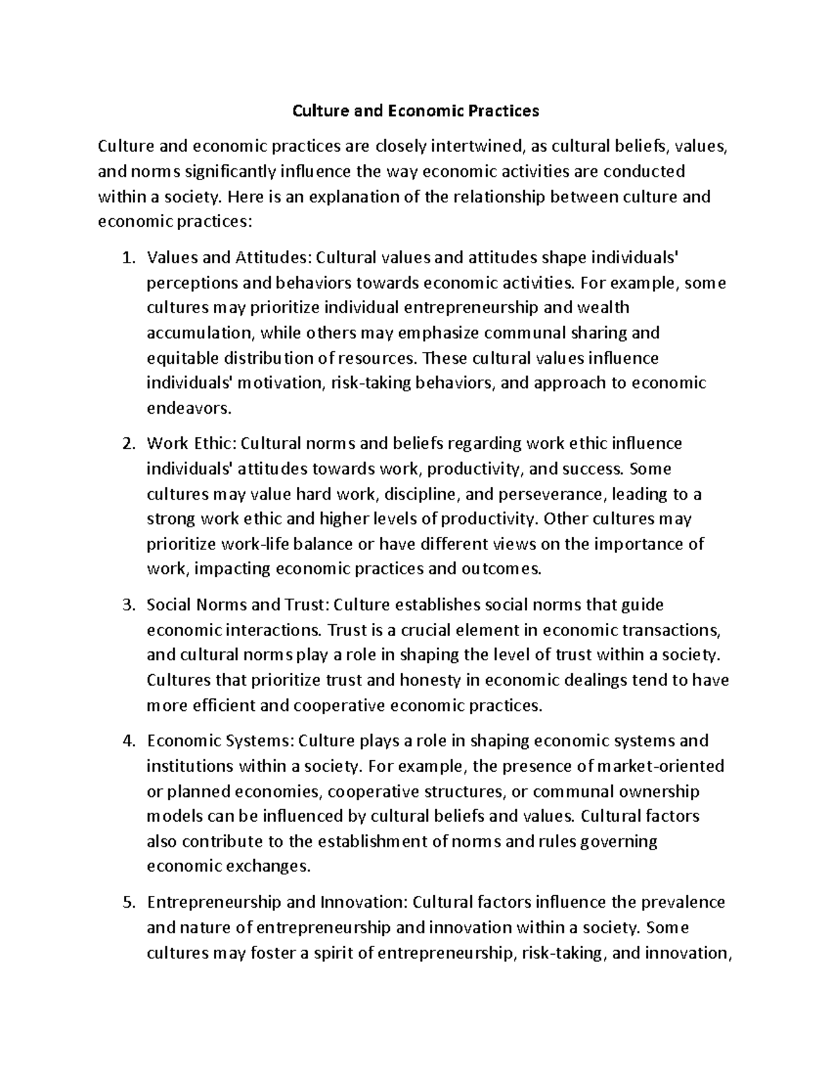 Culture and Economic Practices - Culture and Economic Practices Culture ...