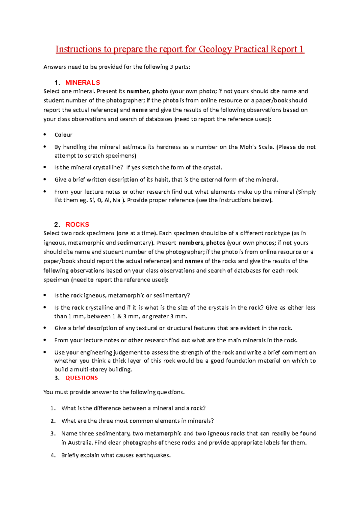 Instructions for Geology Practical Report 1 - New - Instructions to ...