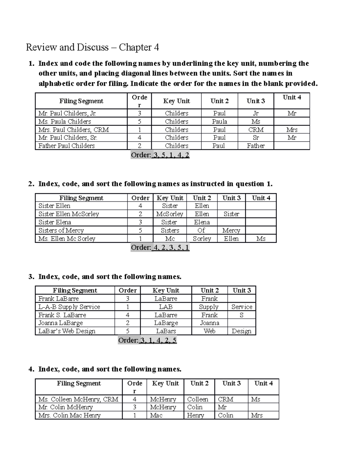 Ch 4 - Review and Discuss - Review and Discuss – Chapter 4 1. Index and code the following names ...