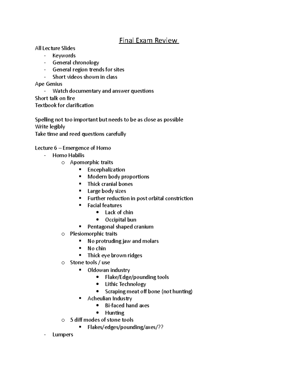 Final Exam Review - Lecture notes All - Final Exam Review All Lecture ...