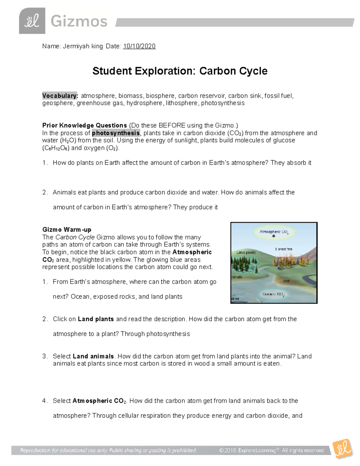 Carbon Cycle SE - Lecture notes 1 2 3 6 - Name: Jermiyah king Date: 10 ...