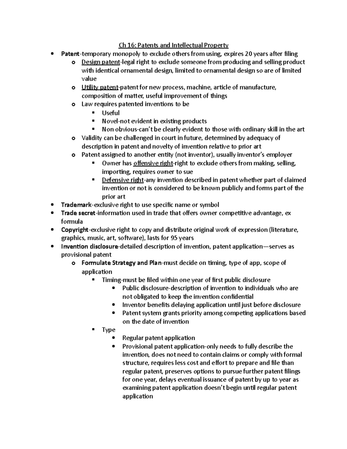Patents And Intellectual Property Ch 16 Study Notes Studocu