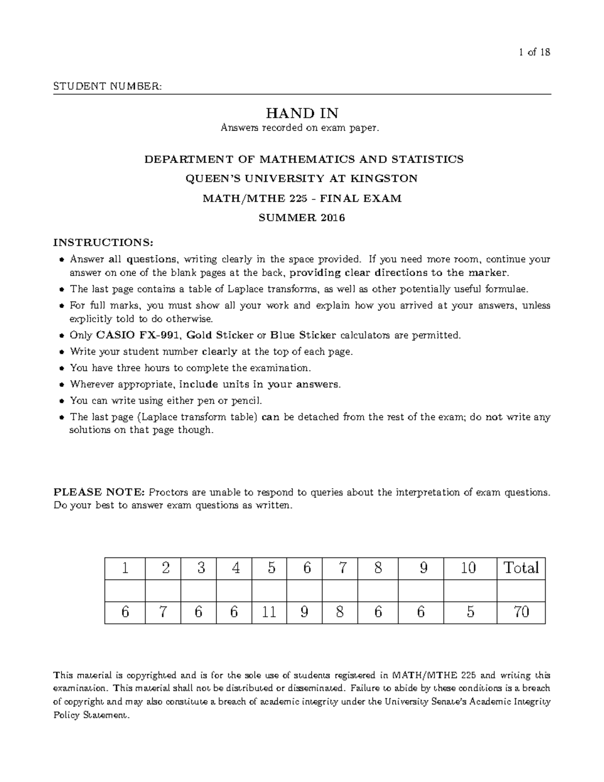 Summer 2016 - PRactice exam - STUDENT NUMBER: HAND IN Answers recorded ...