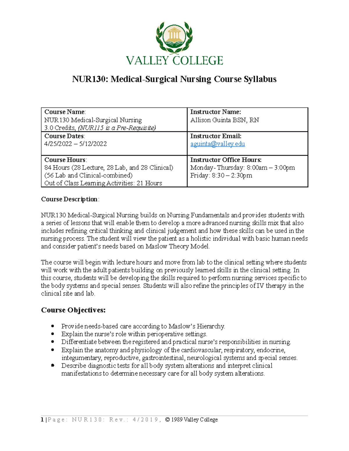 Med-Surg Class Syllabus Guinta - Course Name : NUR130 Medical-Surgical ...